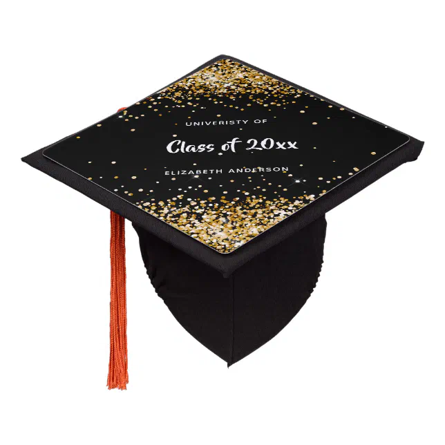 Black gold glitter dust name school graduation cap topper | Zazzle