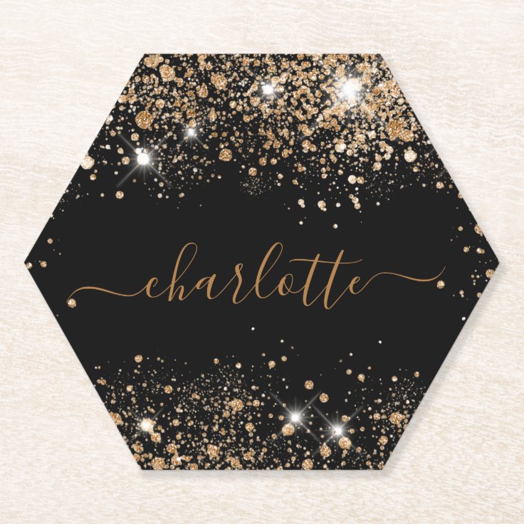 Black gold glitter dust name script paper coaster | Zazzle