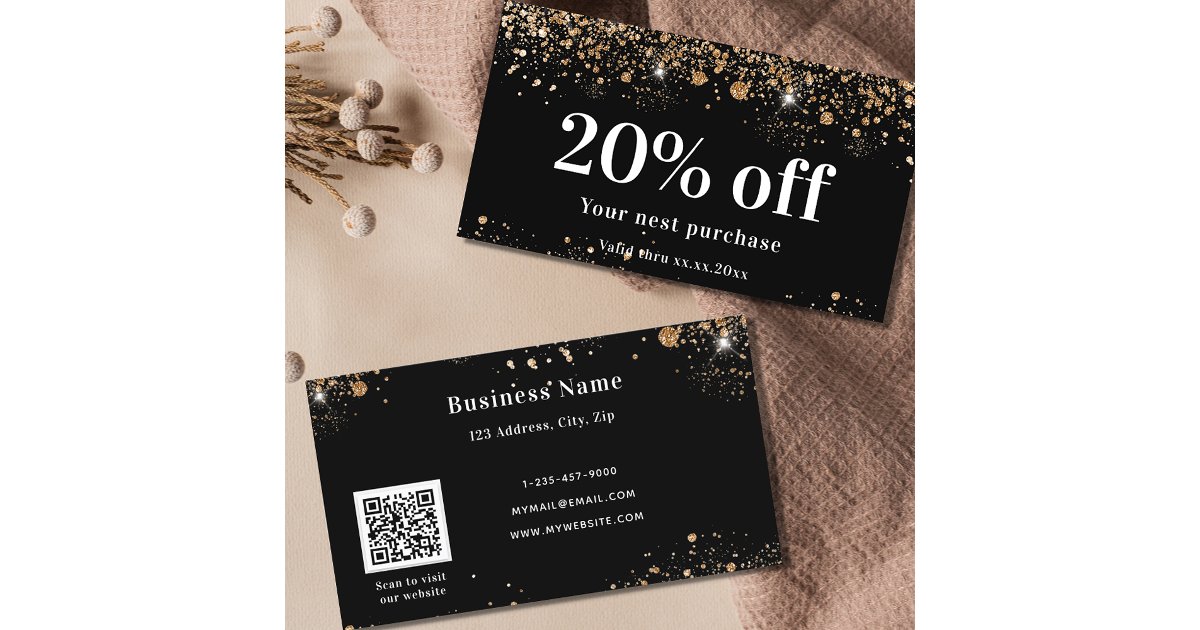 Black gold glitter dust qr code business discount card | Zazzle