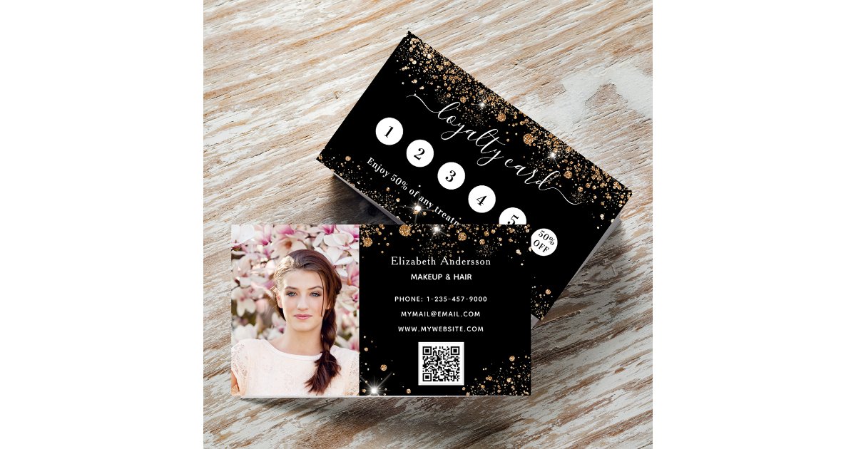 Black gold glitter dust qr code photo business loyalty card | Zazzle