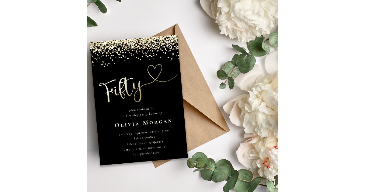 Black Gold Glitter Fifty Script 50th Invitation | Zazzle