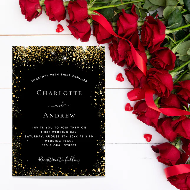 Black gold glitter glamorous wedding invitation | Zazzle