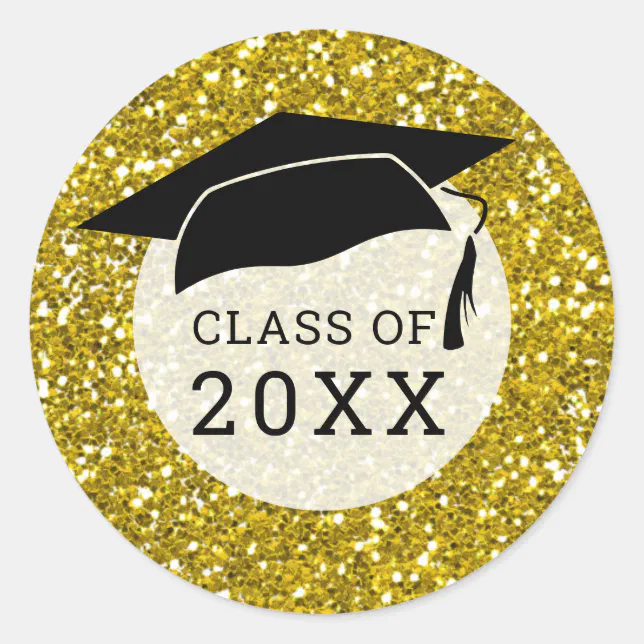 Black Gold Glitter Graduation Hat Class Of 2022 Classic Round Sticker ...