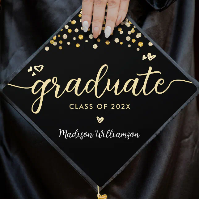Black Gold Glitter Jewels Modern Script Hearts Graduation Cap Topper ...