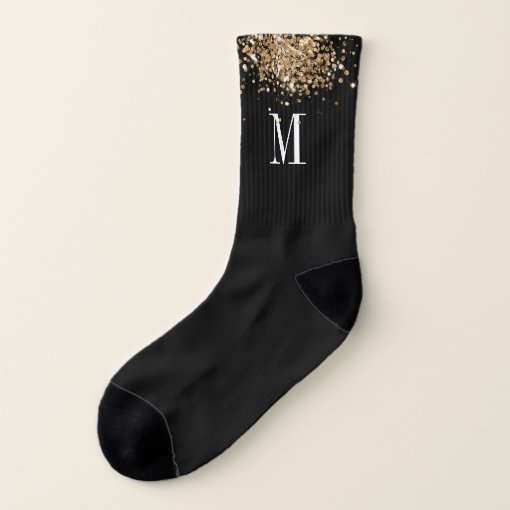 black gold glitter monogram custom socks | Zazzle