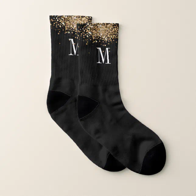 black gold glitter monogram custom socks | Zazzle