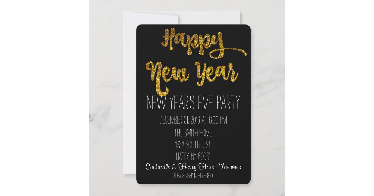 Black & Gold Glitter New Year's Eve Invitation | Zazzle