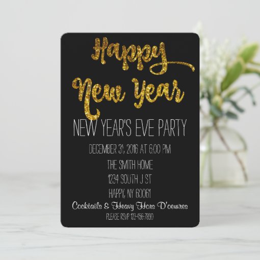 Black & Gold Glitter New Year's Eve Invitation | Zazzle