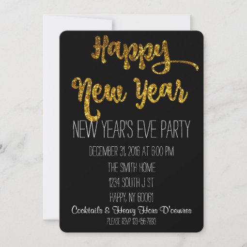 Black & Gold Glitter New Year's Eve Invitation | Zazzle