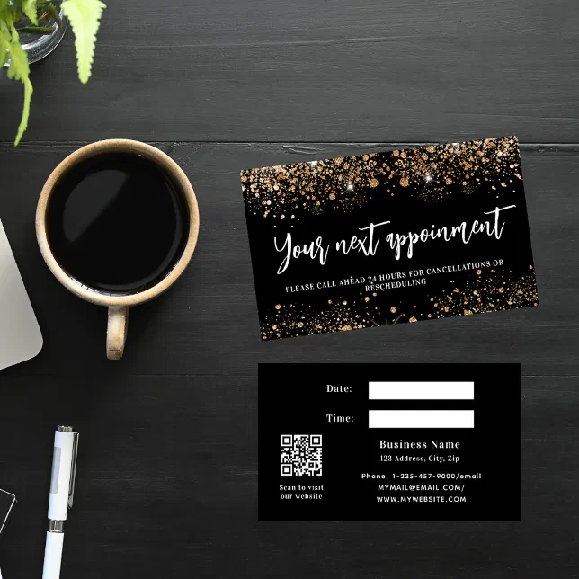 Black gold glitter QR business appointment card | Zazzle