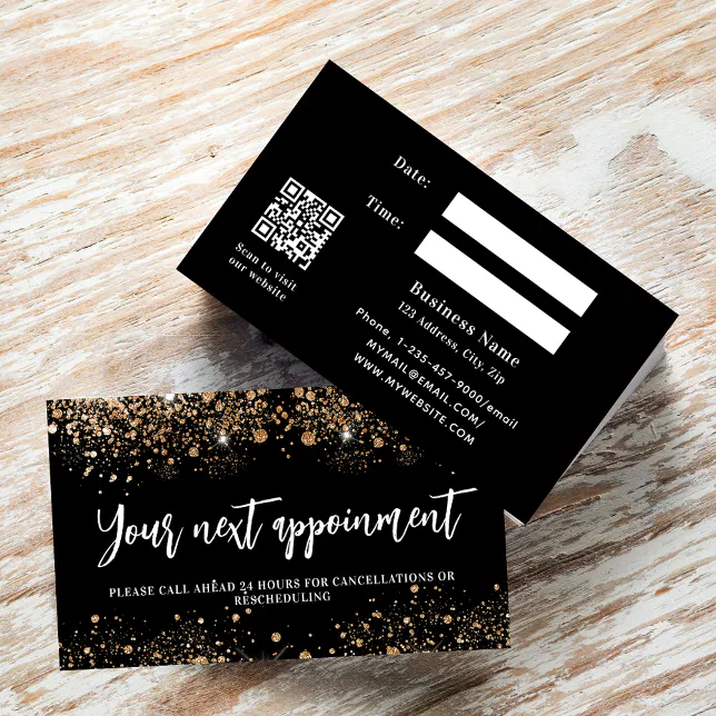 Black gold glitter QR business appointment card | Zazzle
