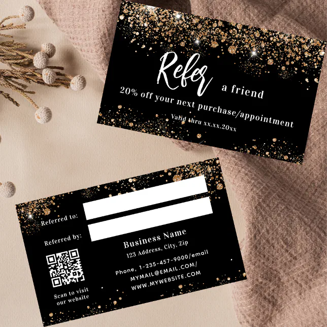 Black gold glitter qr code business referral card | Zazzle
