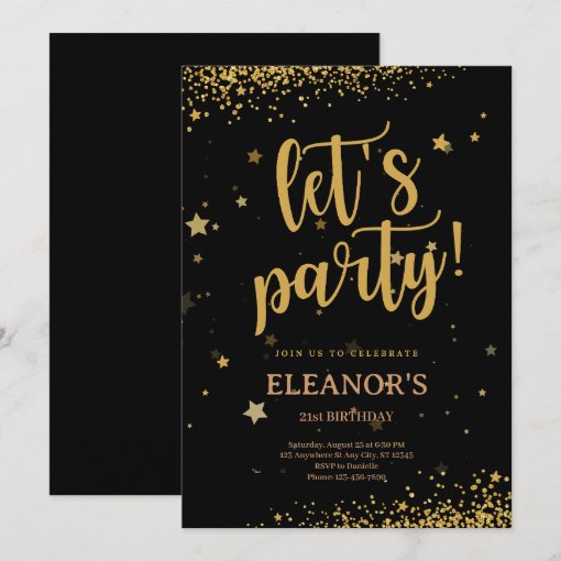 Black Gold Glitter Shiny Let's Party Birthday Invitation | Zazzle