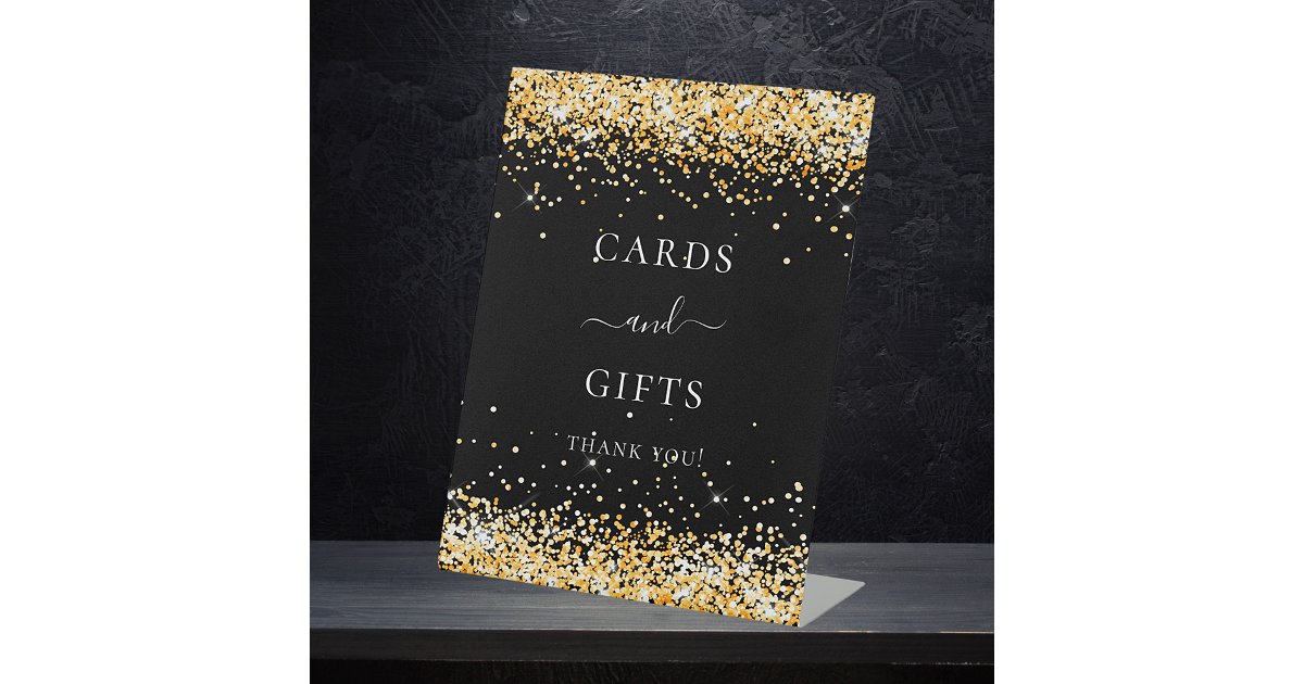 Black gold glitter sparkle cards gift pedestal sign | Zazzle