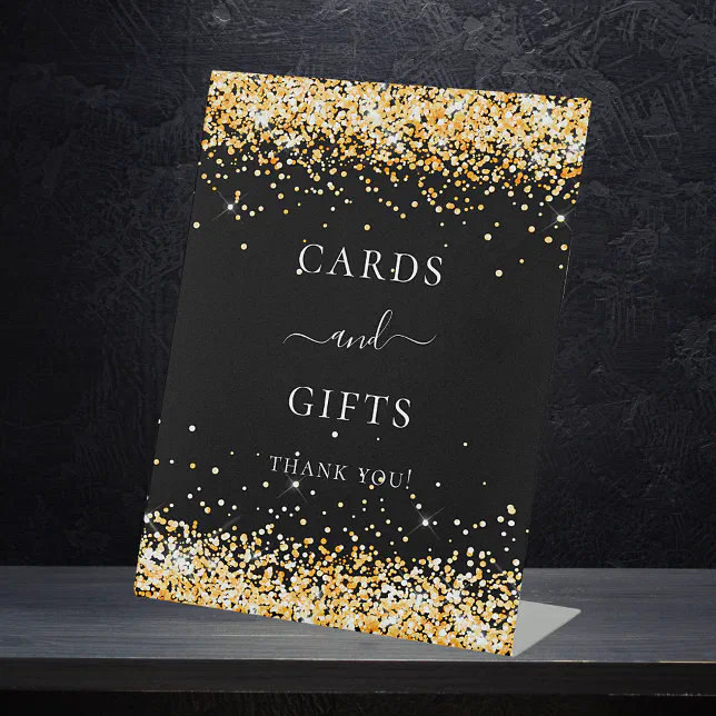 Black gold glitter sparkle cards gift pedestal sign | Zazzle