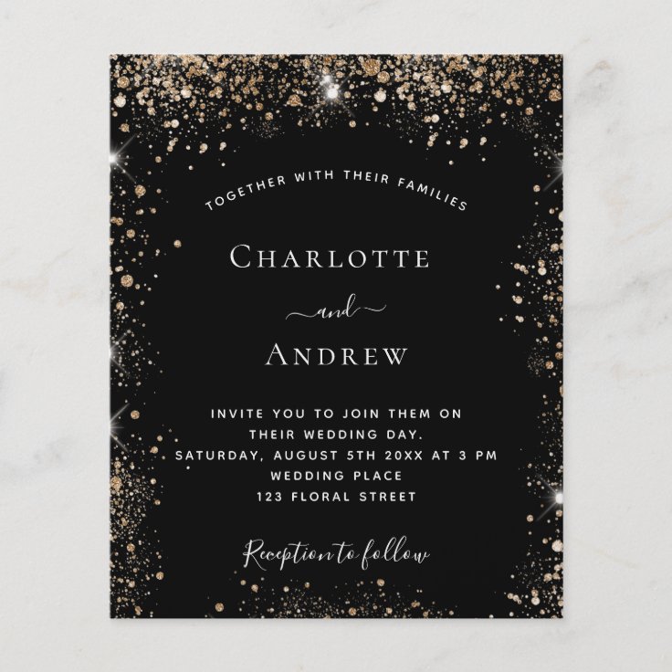 Black gold glitter sparkle elegant budget wedding flyer | Zazzle