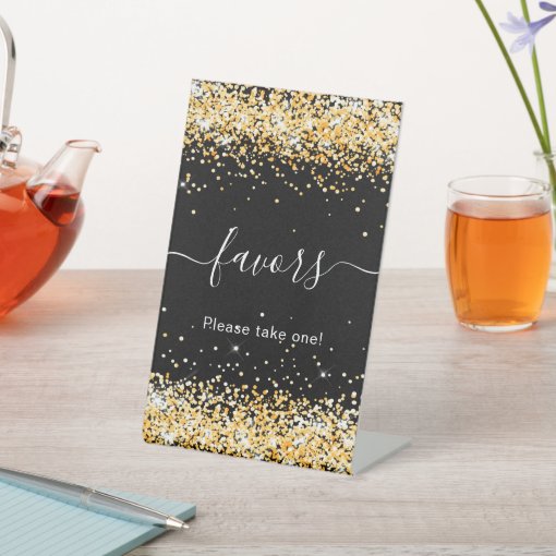 Black gold glitter sparkles guest favors pedestal sign | Zazzle