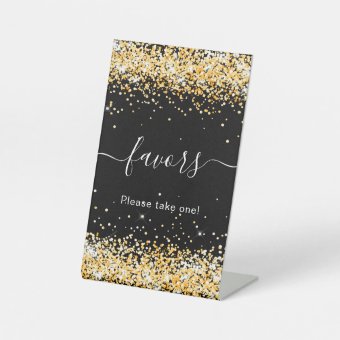 Black gold glitter sparkles guest favors pedestal sign | Zazzle