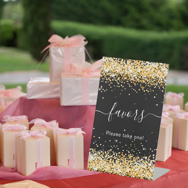 Black gold glitter sparkles guest favors pedestal sign | Zazzle