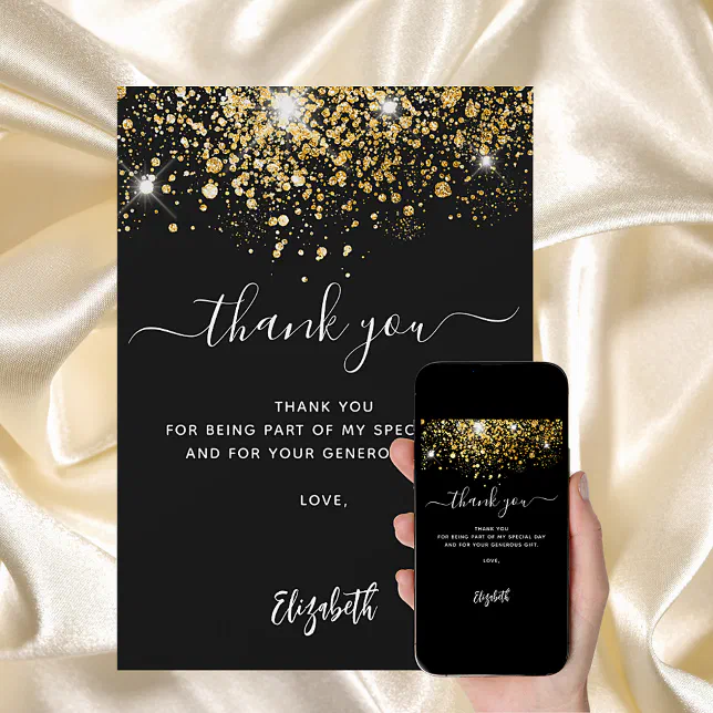 Black gold glitter sparkles script thank you card | Zazzle
