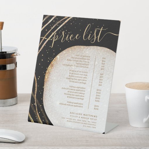Black Gold Glitter Stylist Salon Price List Menu Pedestal Sign | Zazzle