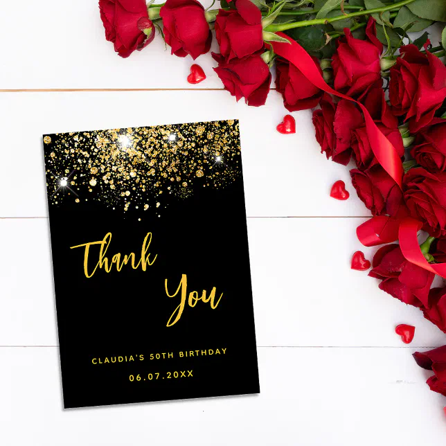 Black gold glitter thank you card | Zazzle