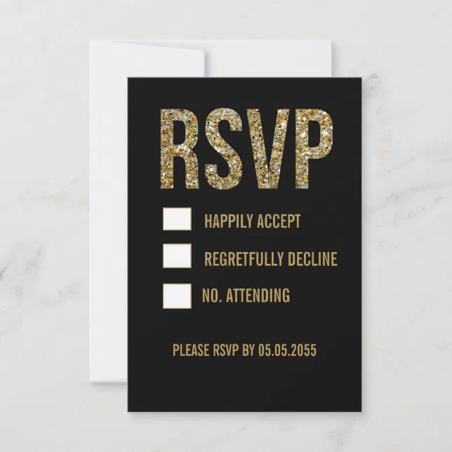 Black & Gold Glitter Typography Wedding RSVP Cards | Zazzle