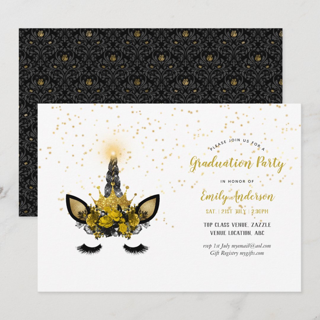 Black Gold Glitter Unicorn GRADUATION Girl Party Invitation | Zazzle