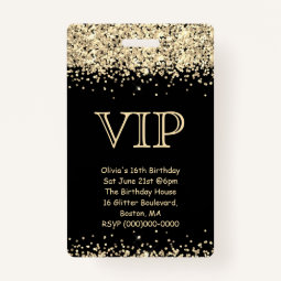 Black & Gold Glitter | VIP Birthday Invitation Badge | Zazzle