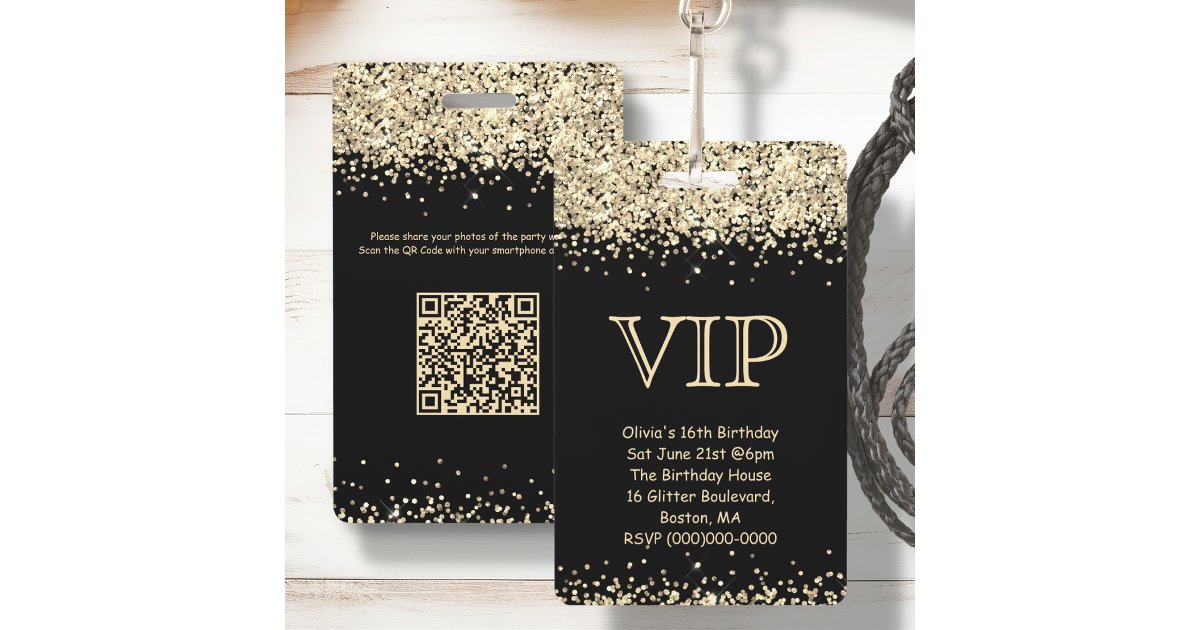 Black & Gold Glitter | VIP Birthday Invitation Badge | Zazzle