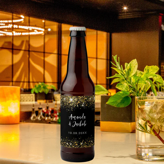 Black gold glitter wedding beer bottle label | Zazzle
