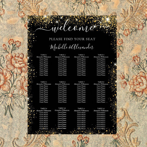 Black gold glitter wedding seating chart | Zazzle