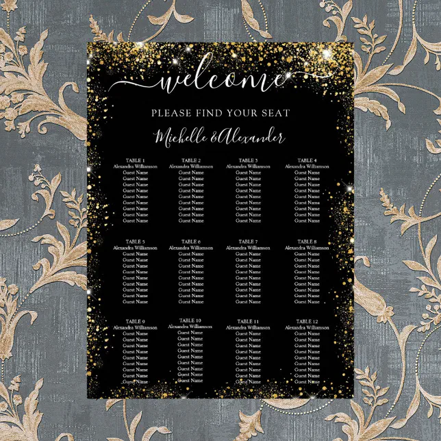Black gold glitter wedding seating chart | Zazzle