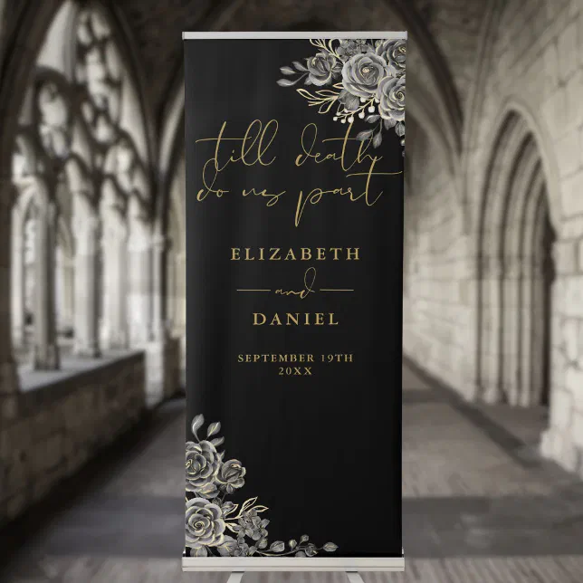 Black Gold Goth Roses Floral Wedding Retractable Banner | Zazzle