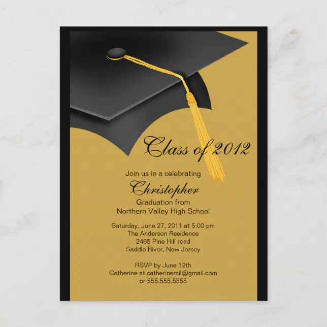 Black Gold Grad Cap Graduation Party Invitation | Zazzle