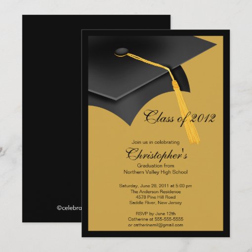Black Gold Grad Cap Graduation Party Invitation | Zazzle