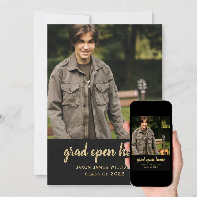 Black Gold Grad Open House Graduation Invitation | Zazzle