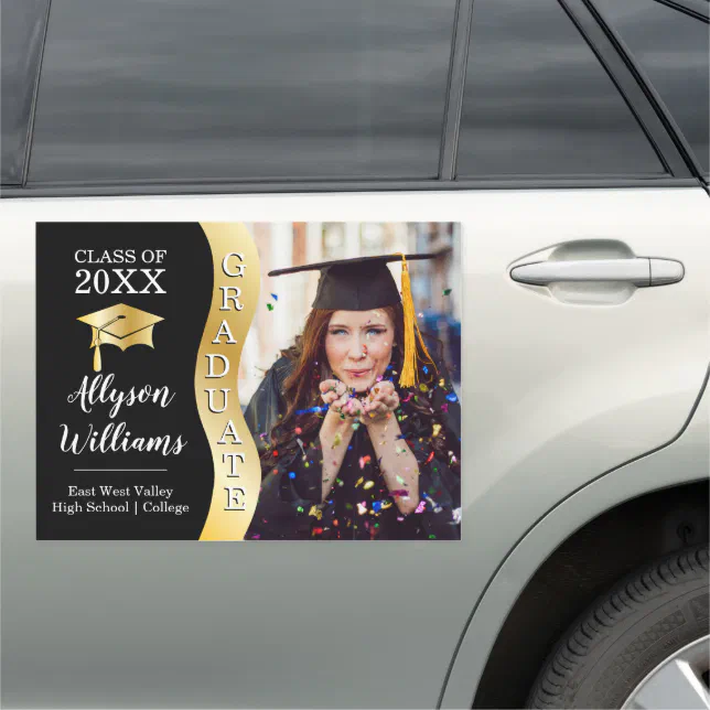 Black | Gold Graduate Wave Grad Cap Photo Car Magnet | Zazzle