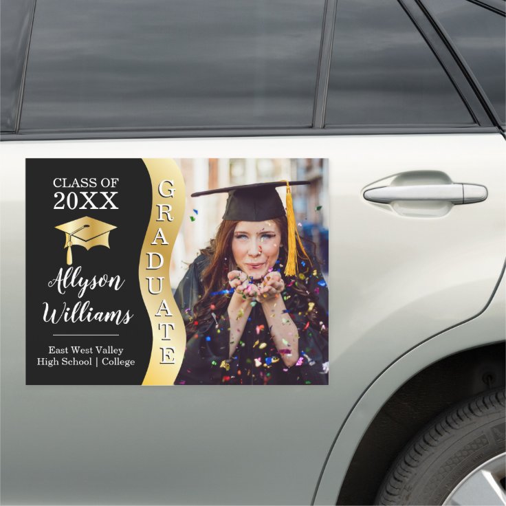 Black | Gold Graduate Wave Grad Cap Photo Car Magnet | Zazzle