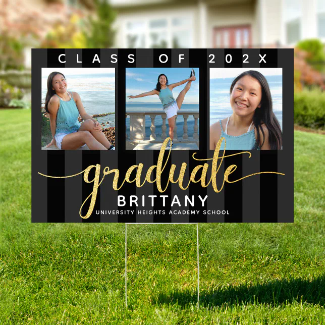 Black gold graduation 3 photo glitter script yard sign | Zazzle