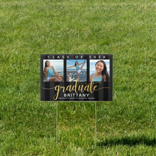 Black gold graduation 3 photo glitter script yard sign | Zazzle