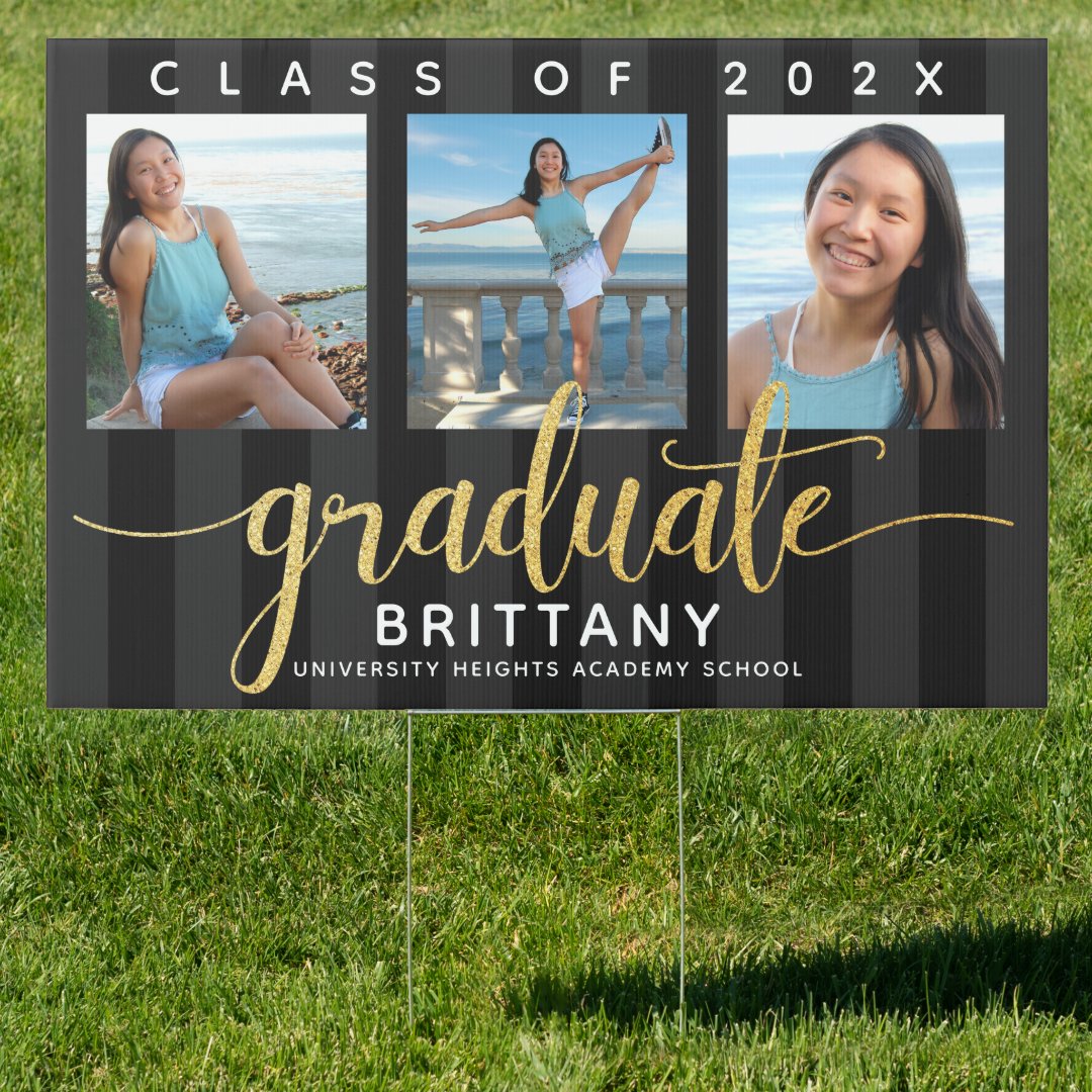 Black gold graduation 3 photo glitter script yard sign | Zazzle