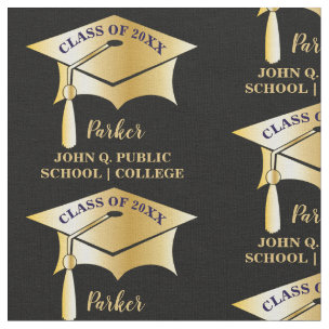 Black and Gold Graduation Cap Pattern Fabric | Zazzle