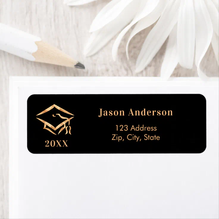 Black gold graduation cap return address label | Zazzle
