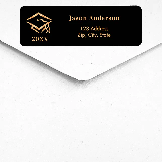 Black gold graduation cap return address label | Zazzle