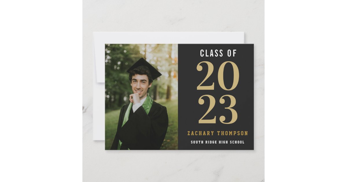 Black & Gold Graduation Class Year with Photo Invitation | Zazzle