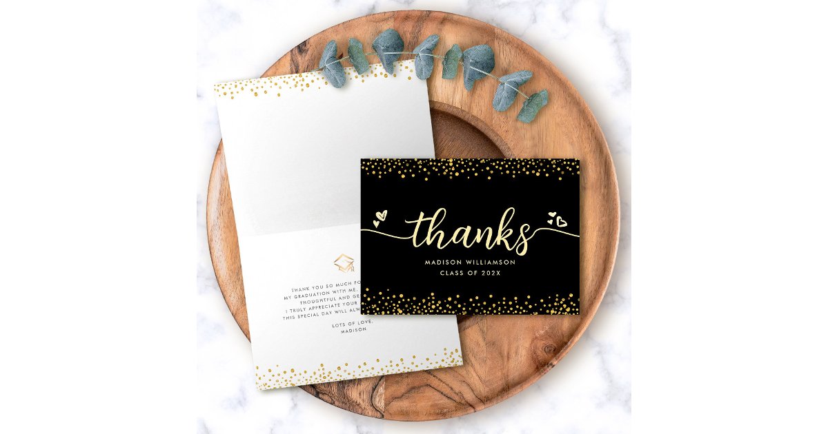 Black Gold Graduation Modern Elegant Script Hearts Thank You Card | Zazzle