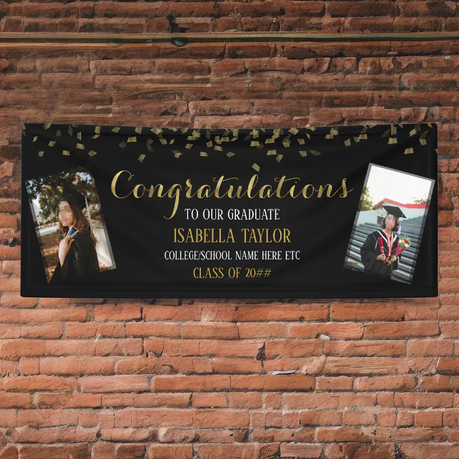 Black & Gold Graduation Photo Congratulations Banner | Zazzle
