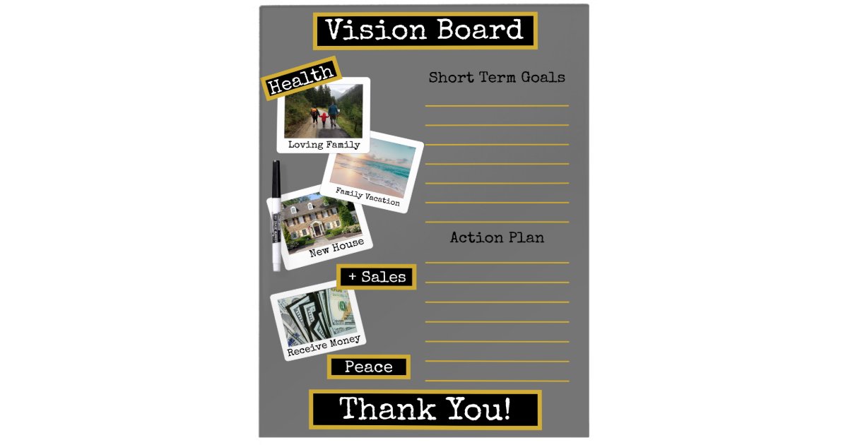 Black Gold Gray Photo Vision Board Goals Plan | Zazzle
