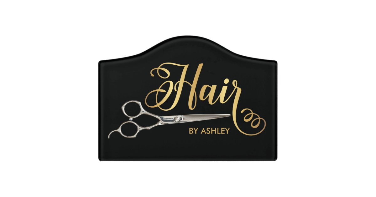Black & Gold Hairstylist Salon Name Door Sign | Zazzle